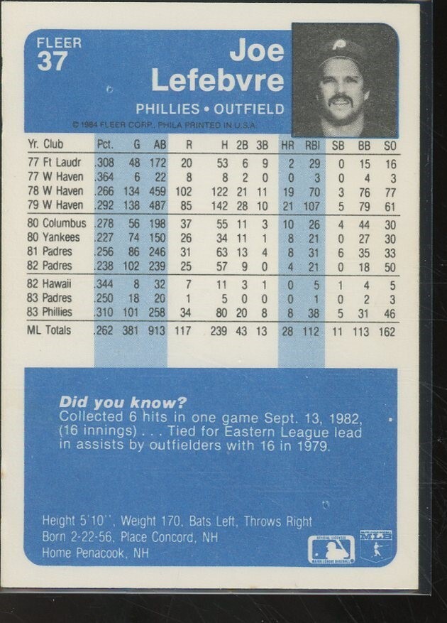 JOE LEFEBVRE 1984 FLEER AUTOGRAPHED SIGNED # 37 PHILADELPHIA PHILLIES ...