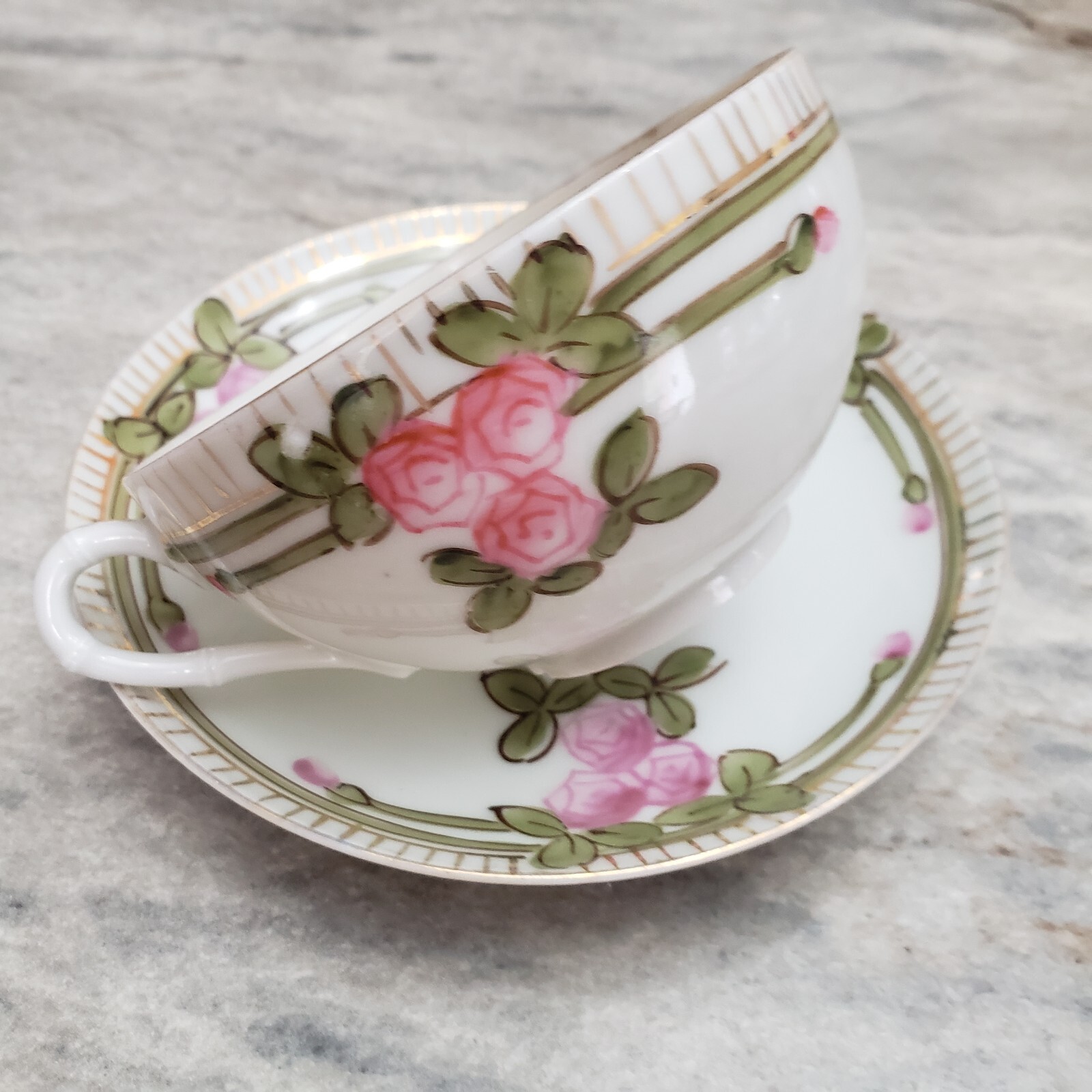 Rare Hand Painted Nippon Tea Cup & Saucer Pink Flowers Gold Trim | eBay