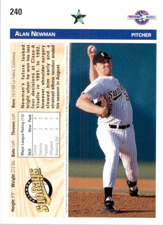 1992 Upper Deck Minors Alan Newman Orlando Sun Rays #240 Baseball Card ...