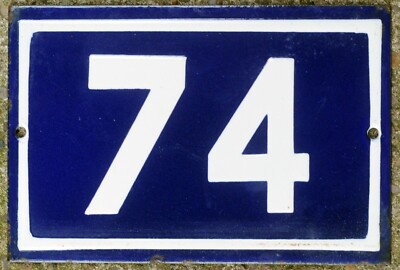 Old blue French house number 74 door gate plate steel enamel plaque ...