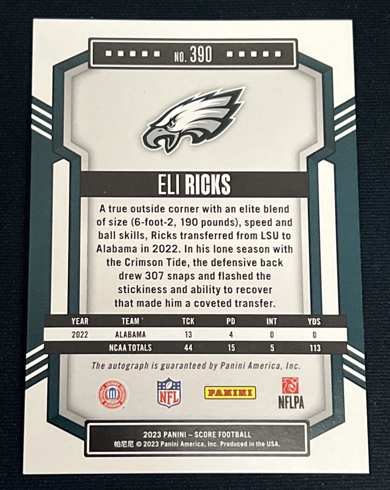 2023 Score #390 Eli Ricks Gold Zone Auto Autograph 07/50 Jersey Number ...