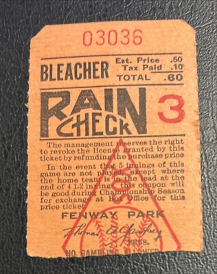 Vintage 1930s Boston Red Sox Fenway Park Ticket Stub Rain Check ...