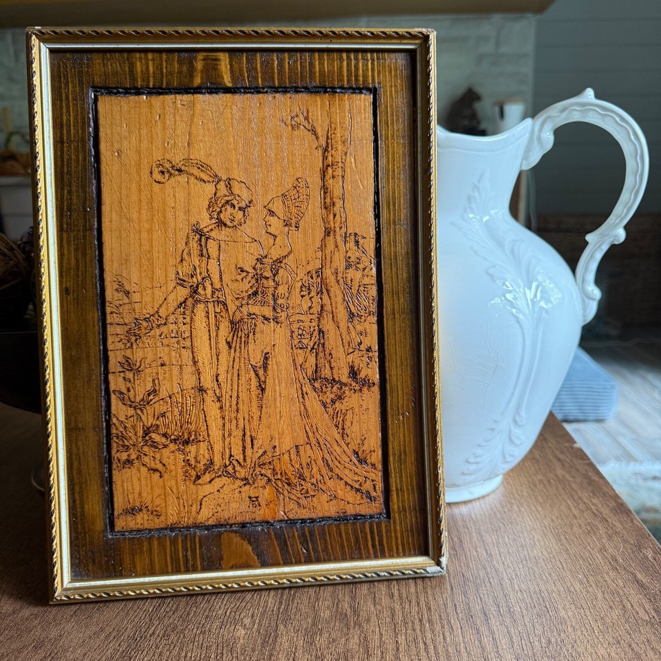 Vintage Woodburned Pyrography Art Medieval Couple Signed AD or HD | eBay