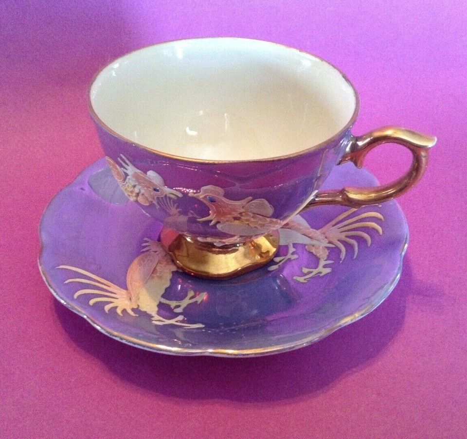 Shafford Luster Pedestal Teacup And Saucer - Raised Moriage Roosters ...