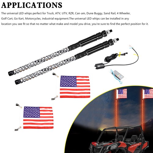 2X 2ft RGB LED APP Whip Lights Antenna W/Flag Remote Control For ...