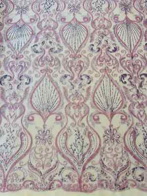 Leaf Damask Bead Fabric - Lilac - Embroidery Sequins Heavy Beaded ...