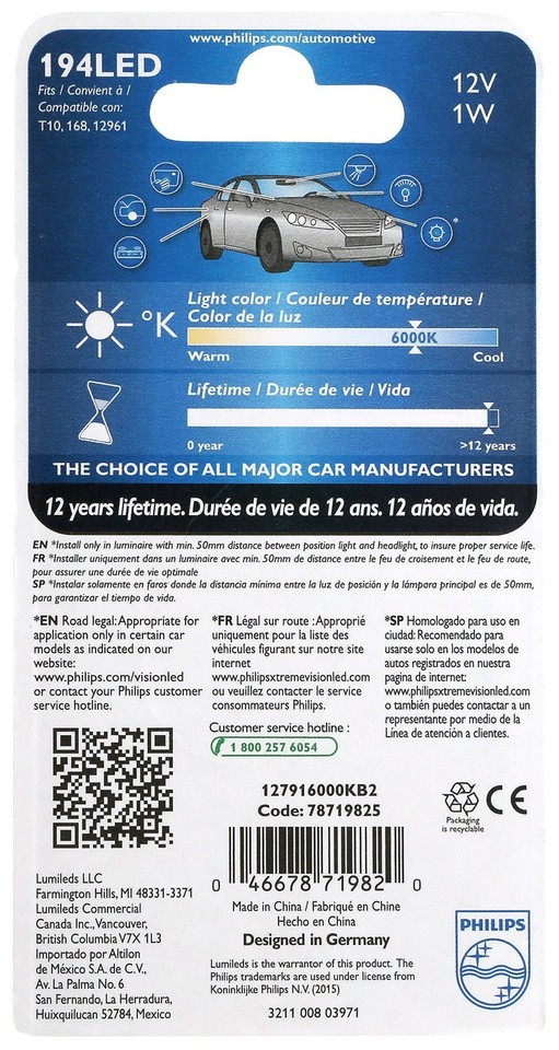 Philips 194 LED Bright White T10 Light bulbs 5050 W5W 2825 158 192 168 ...