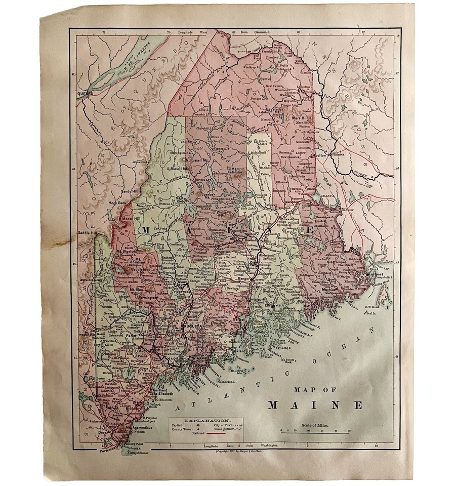 1879 Map Maine United States New England Victorian Geography 1st ...