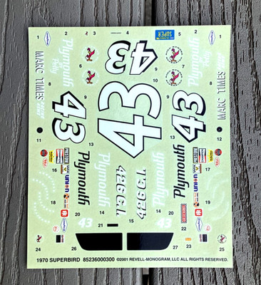 DECAL SHEET FOR REVELL'S RICHARD PETTY #43 SUPERBIRD NASCAR MODEL KIT ...