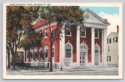 Postcard Brunswick Maine Street View First National Bank | eBay