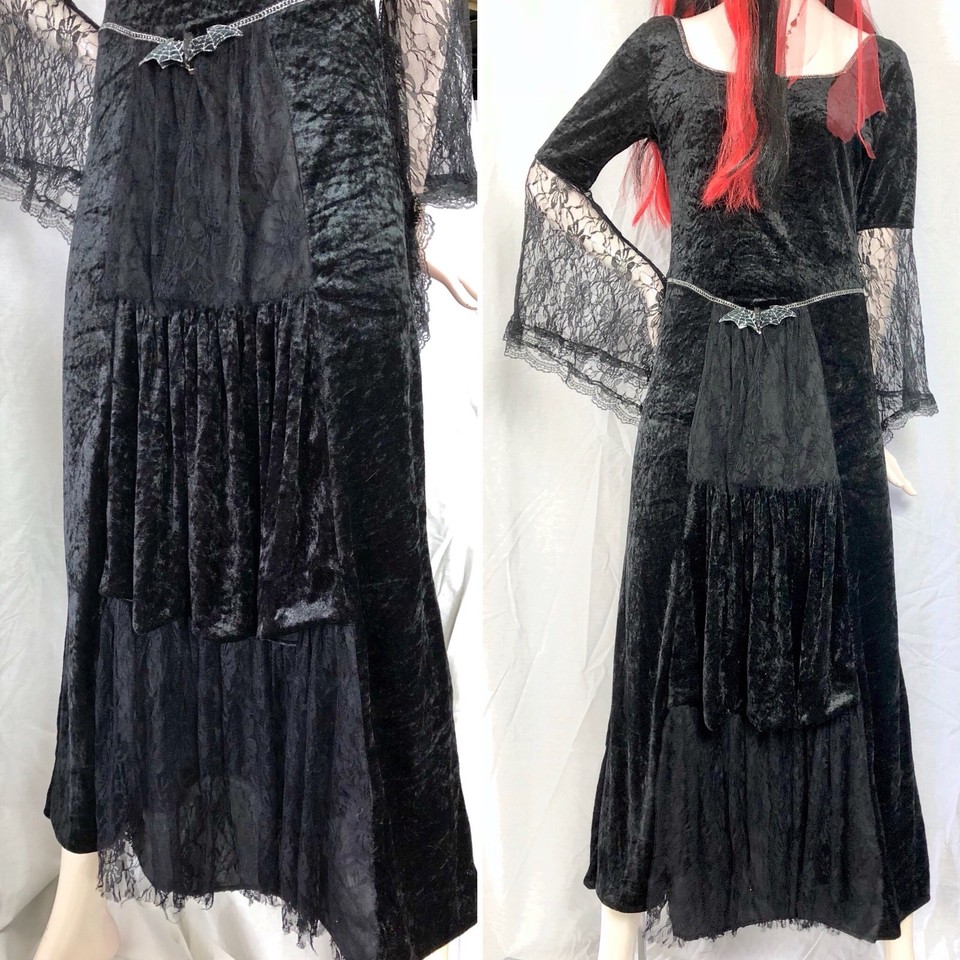 6 PC Gothic WITCH Vampire COSTUME Set Velvet Lace Dress BLACK Red VAMP ...