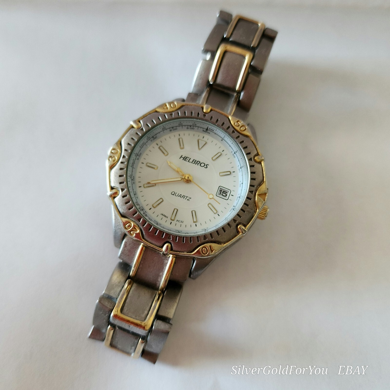 Helbros PC32 Quartz Two Toned Gold Gray Date watch Needs Battery for ...