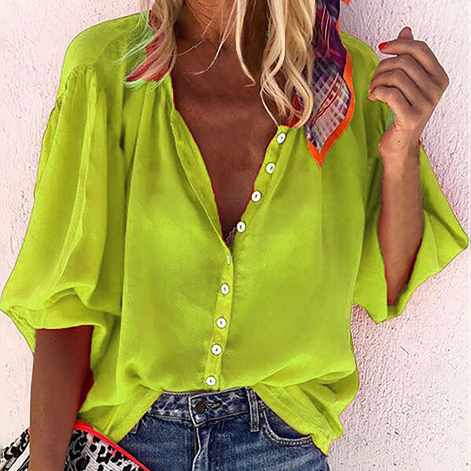 Women Top Buttons Closure Solid Color V-neck Buttons Closure Casual ...