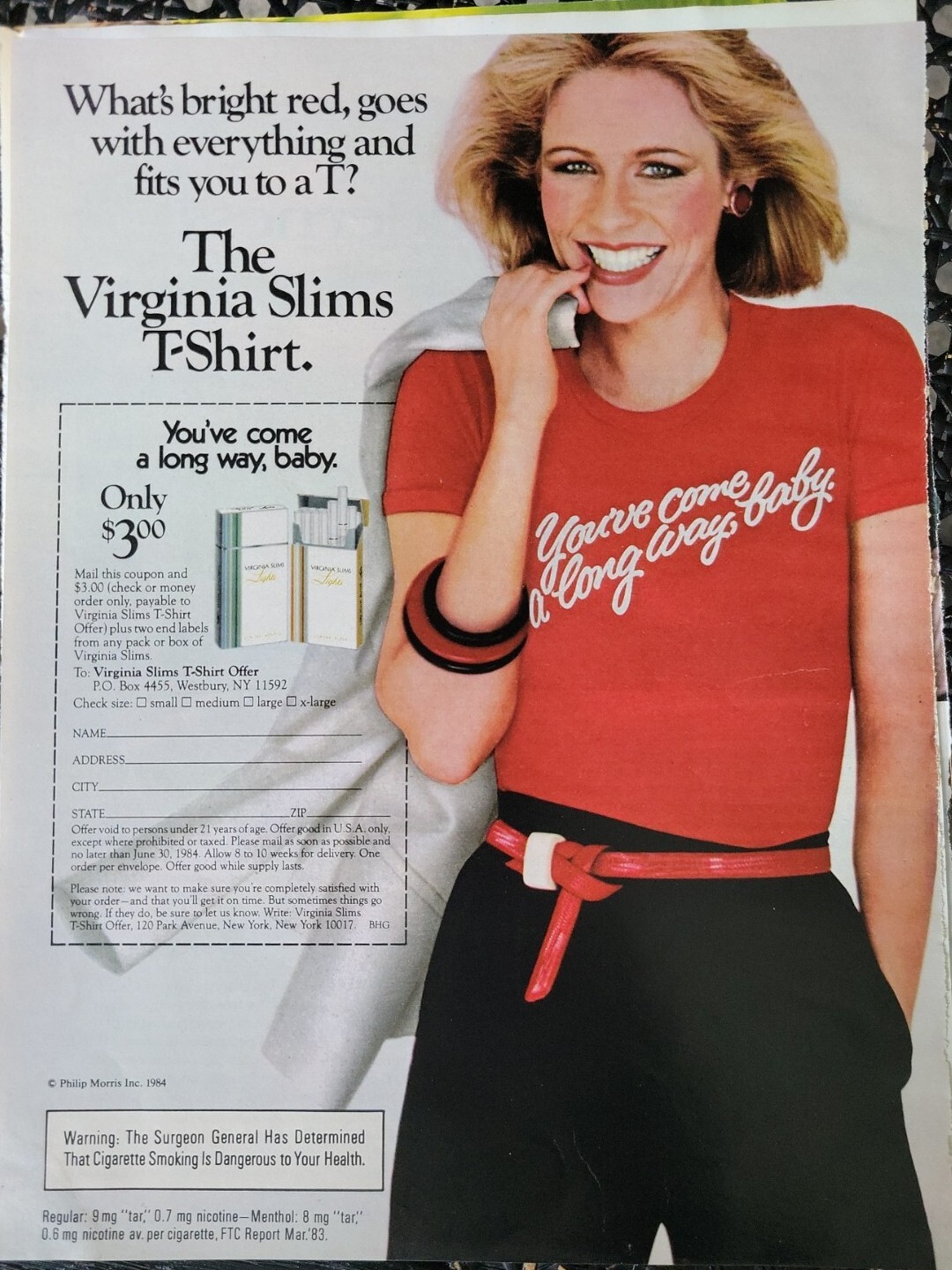 1984 Virginia Slims cigarette You've come a long way baby Red T-shirt ...