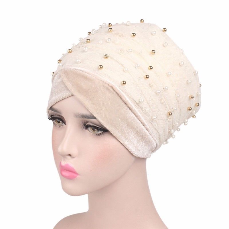 Luxury Women Gold Beaded Mesh Head Wrap Velvet India Turban Hijab Long ...