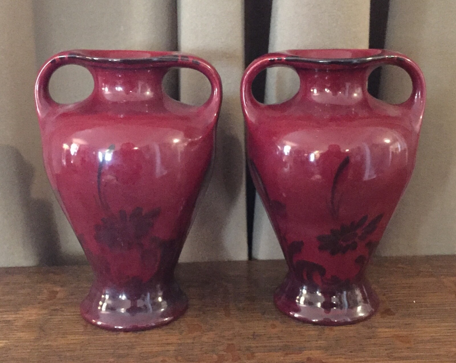 Vintage Pair of Maroon Red Rhodian Iris Gouda Vases w/ Handles ...
