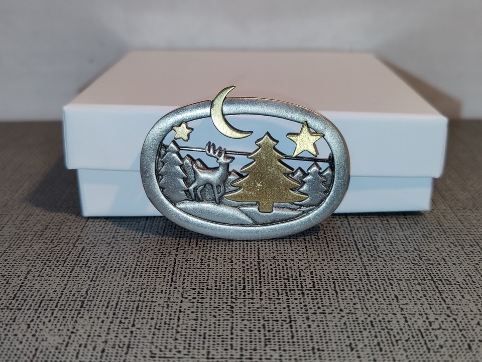 VTG JJ WOODLAND WINTER SCENE PEWTER GOLD MOON STARS REEINDEER BROOCH ...
