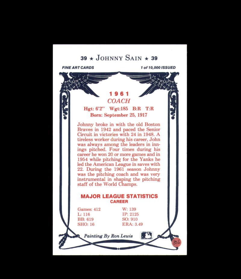 Johnny Sain Signed 1961 Ron Lewis Photo Postcard New York Yankees ...