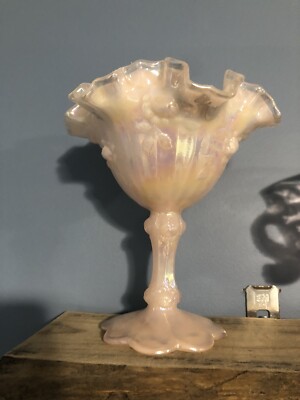 Vtg. Fenton Pink Iridescent Compote Cabbage Rose Ruffled Pedestal | eBay