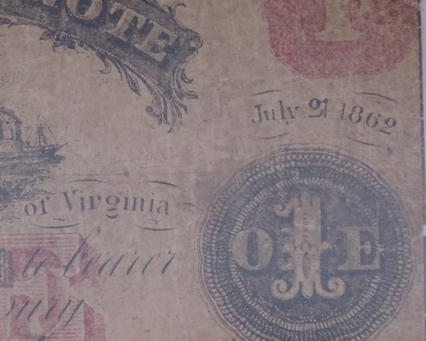 Civil War Virginia Treasury Note $1.00 Bill 1862 In Good Condition C ...