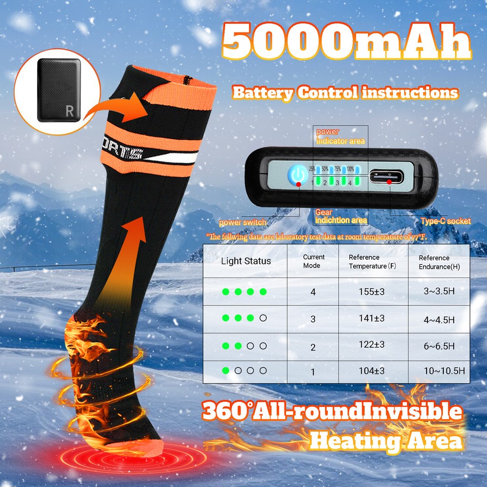 Electric Heated Socks Rechargeable Battery Winter Men Warm Skiing ...