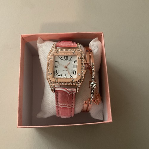 Women's Pink Stylish Quartz Rhinestone Watch & Bracelet Set | eBay