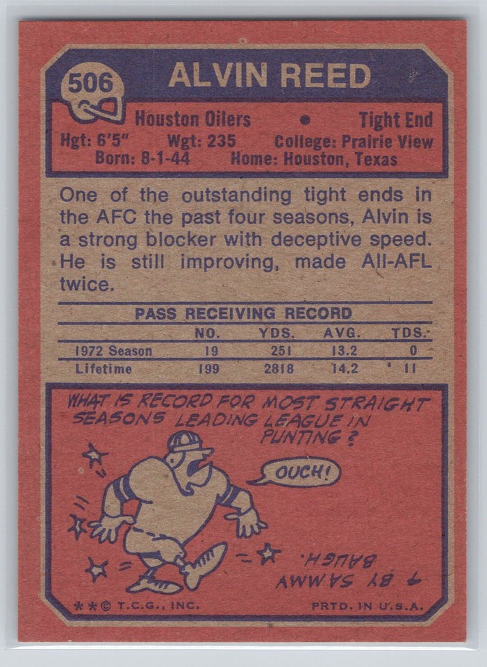 1973 Topps #506 Alvin Reed RC - Oilers - NmMt | eBay