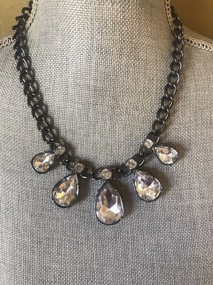 Ann Taylor Loft Black Chain STATEMENT NECKLACE Clear Glass Drop 21” | eBay