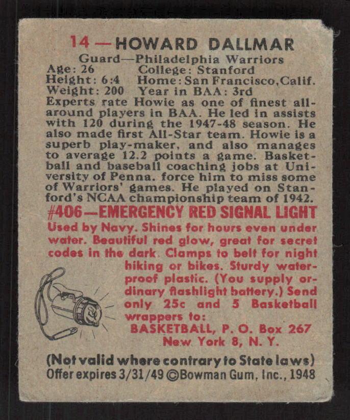 1948 BOWMAN HOWARD DALLMAR 14 GOOD RC BASKETBALL PHILADELPHIA WARRIORS ...
