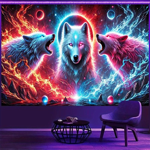 UV Reactive Glow-in-the-Dark Wolf Tapestry - 100% Polyester Glowing ...