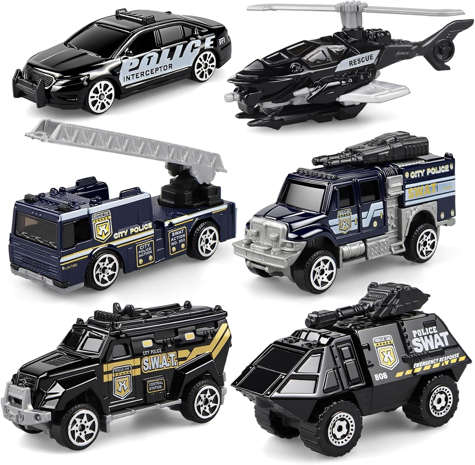 6 Pack Die-Cast SWAT Police Cars Toys Set, Mini Cake Topper Kids Police ...