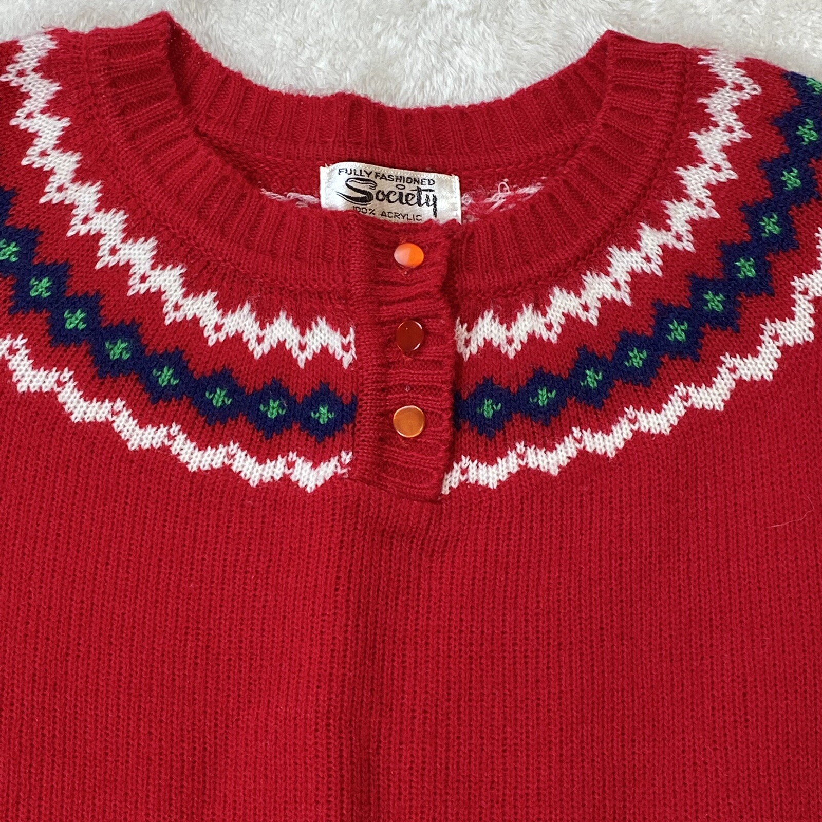 Vintage Red Knitted Sweater Nordic Isle Buttons Near Collar Size Medium ...