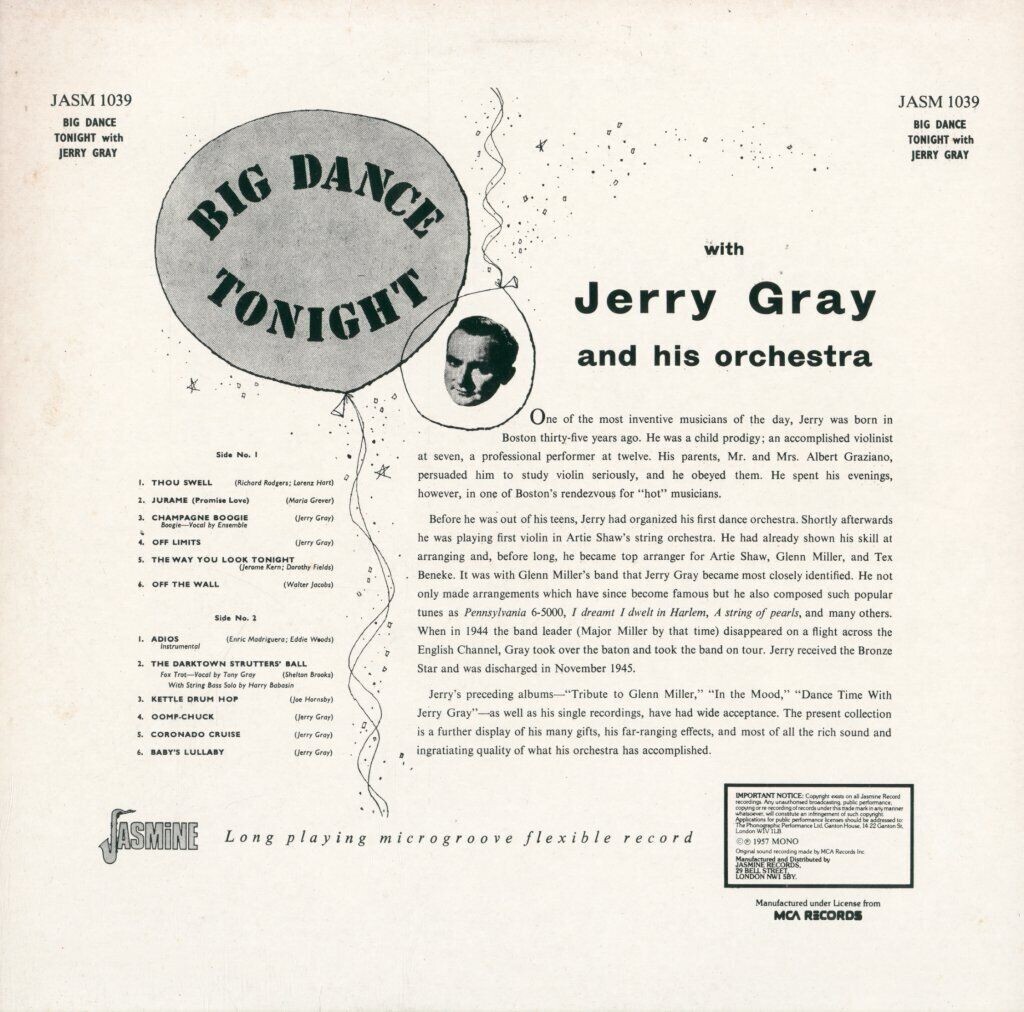 Jerry Gray and His Orchestra Big Dance Tonight LP vinyl UK Jasmine ...