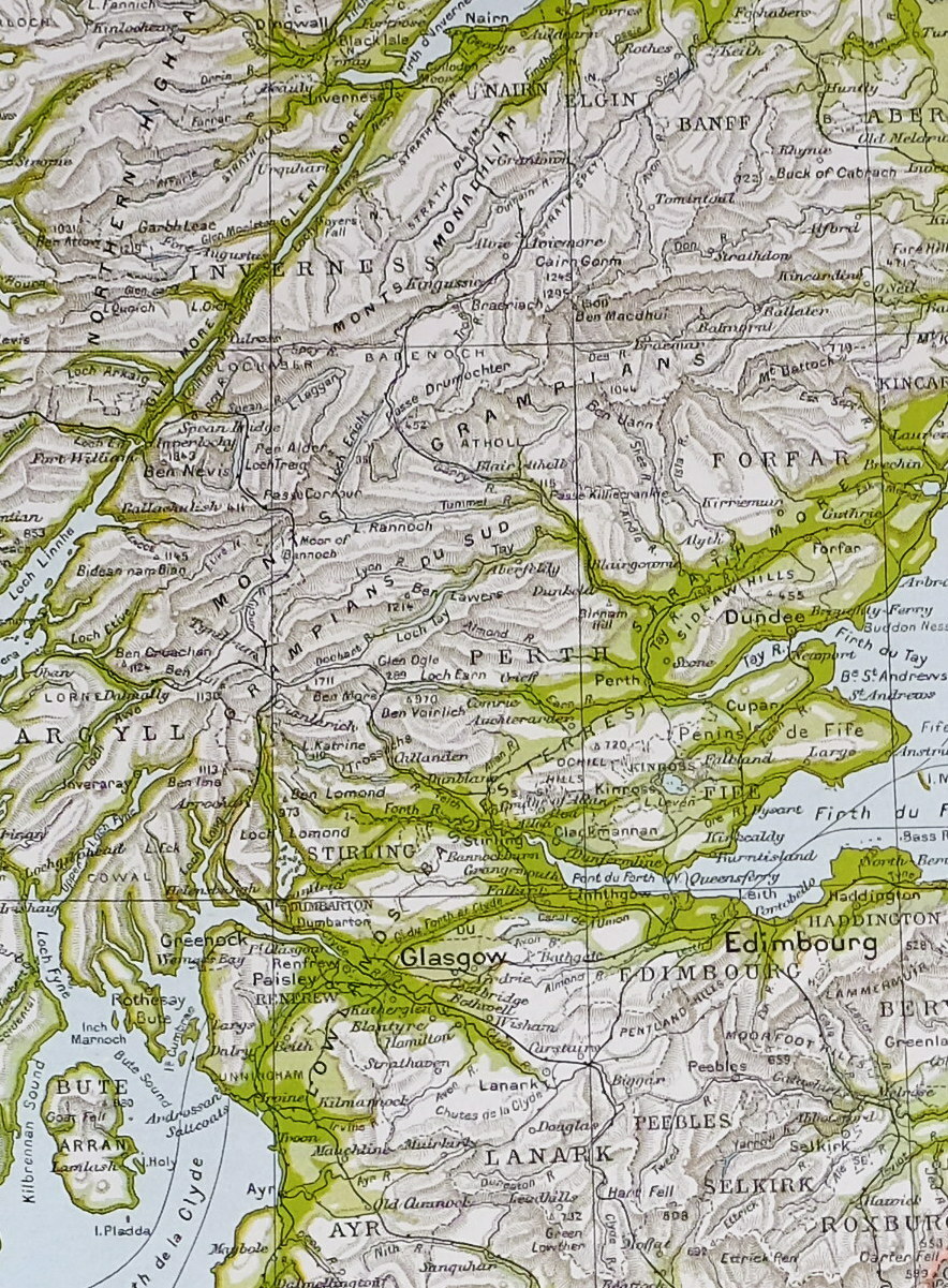 1913 MAP SCOTLAND PHYSICAL FORFAR PERTH ABERDEEN SUTHERLAND CAITHNESS ...