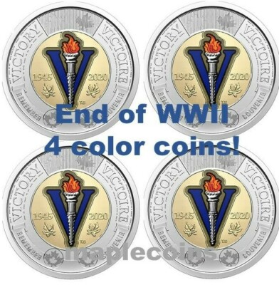 4 x COLOR coins: 2020 75th Anniversary end of WWII Victory Toonie $2 ...