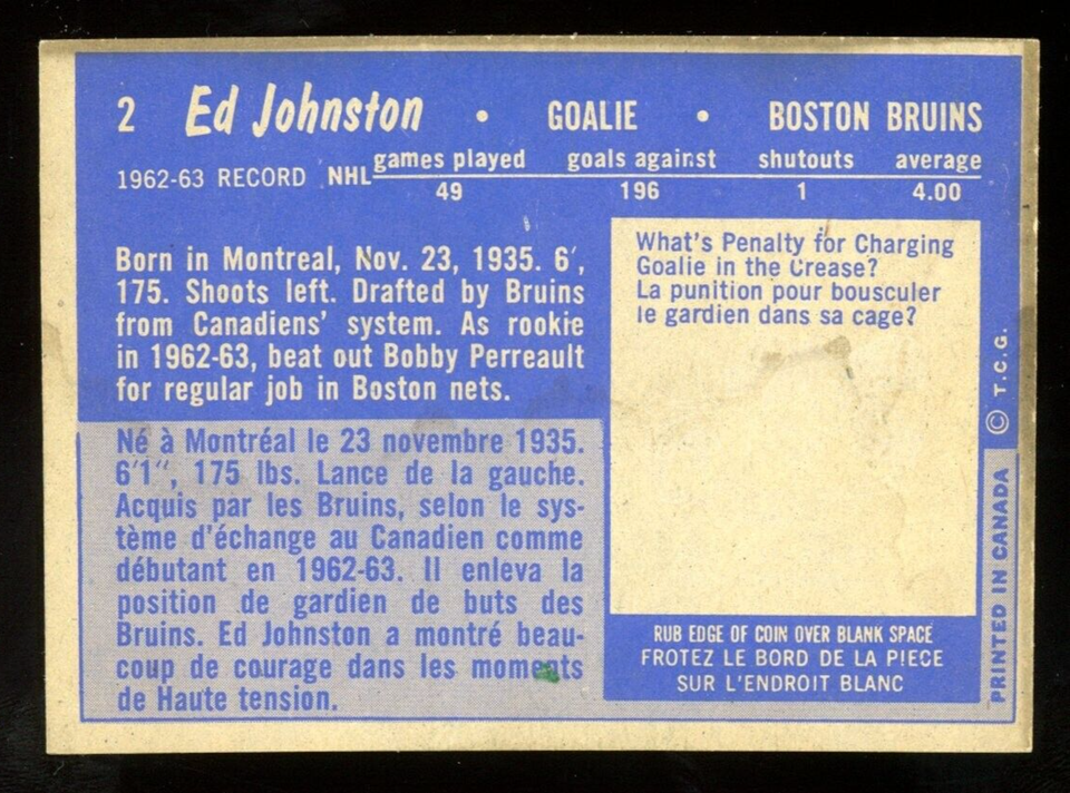 1963-64 TOPPS NHL HOCKEY #2 ED Johnston RC EX Boston Bruins Rookie NM ...