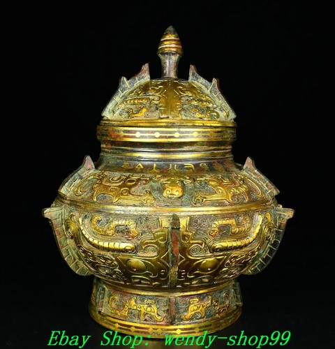 12.9"Old Warring States Period Bronze Ware Gilt Dragon Pattern ...