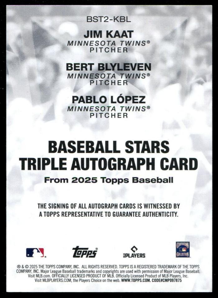 2025 Topps Series 2 Jim Kaat, Bert Blyleven, Pablo Lopez Triple Auto ...