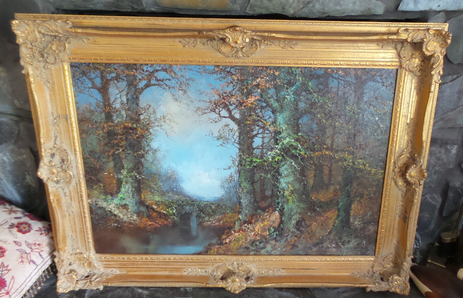 ANTIQUE ORIGINAL OIL PAINTING LANDSCAPE STONE BRIDGE SIGNED W. BRAUER ...