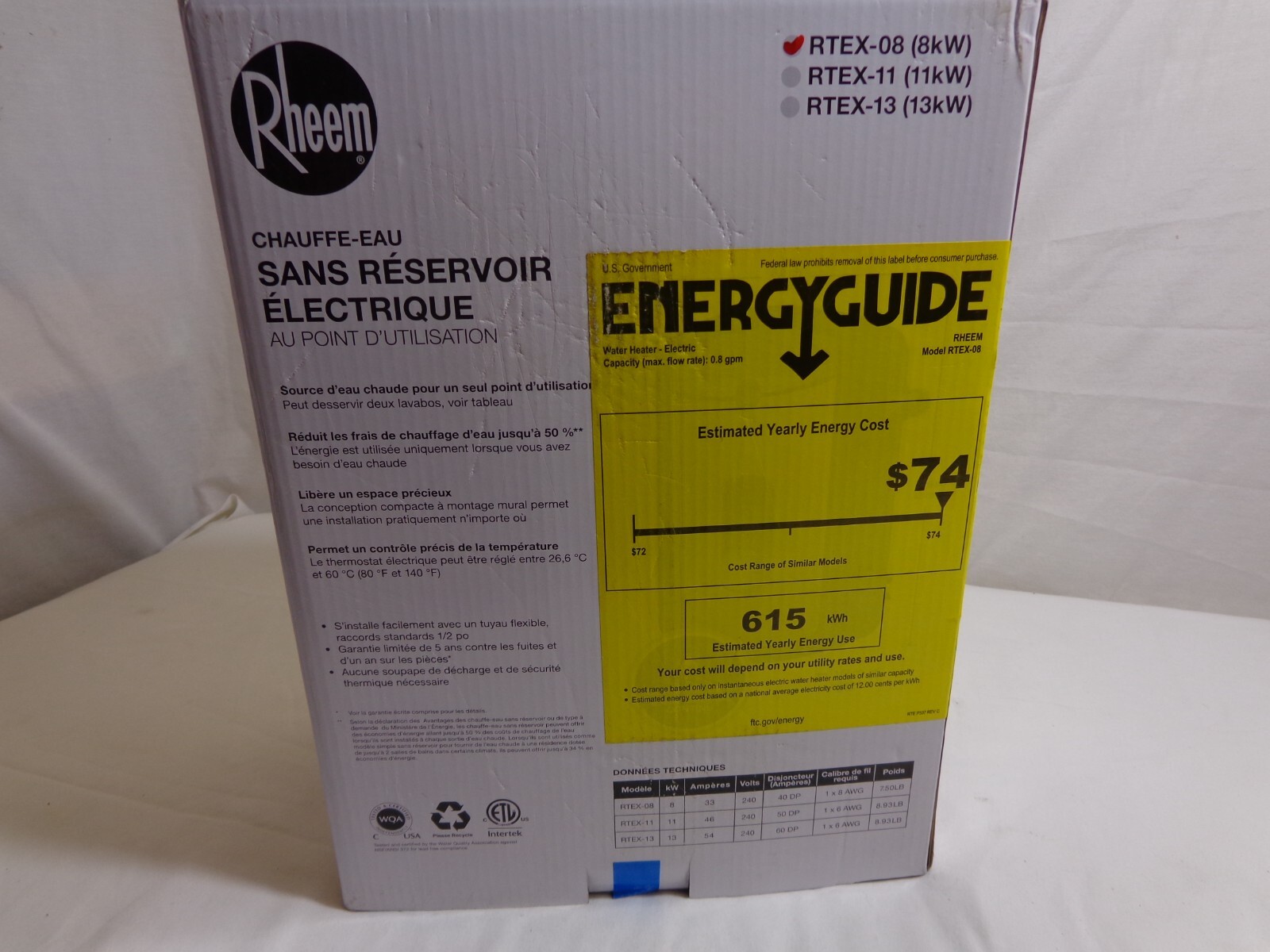 RHEEM POINT-OF-USE TANKLESS ELECTRIC WATER HEATER 240V (NEW) # RTEX-08 ...