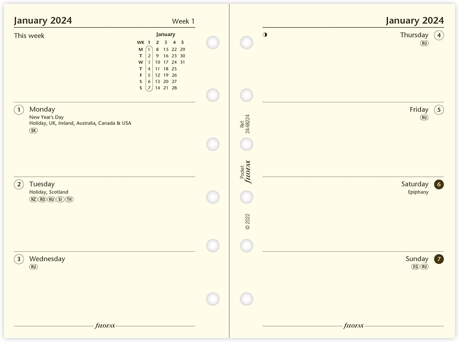Filofax Pocket size 2024 Week on Two Pages Cotton Cream Diary Refill 24 ...
