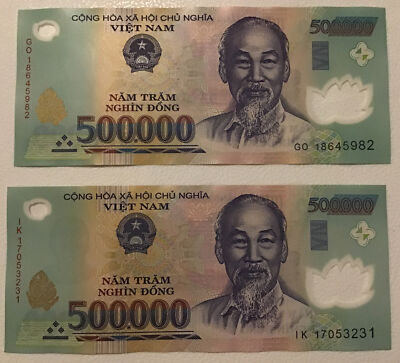 1 Million Vietnam Dong. 2 x 500,000 Vietnamese Bank Notes. Circulated ...
