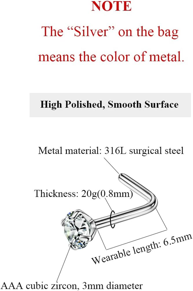 Nose Studs for Women Men L Shaped Nose Rings Surgical Steel Nostril ...