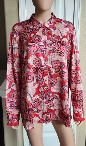 Chico's Women's Amaranth-Red/Cream Multi Pleated Pintuck Blouse Top 3.5 ...