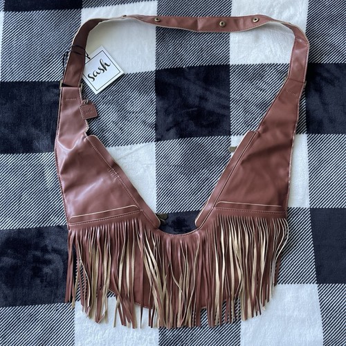 NEW WITH TAGS SASH CROSS BODY BAG PURSE BROWN FAUX LEATHER FRINGE Zip ...