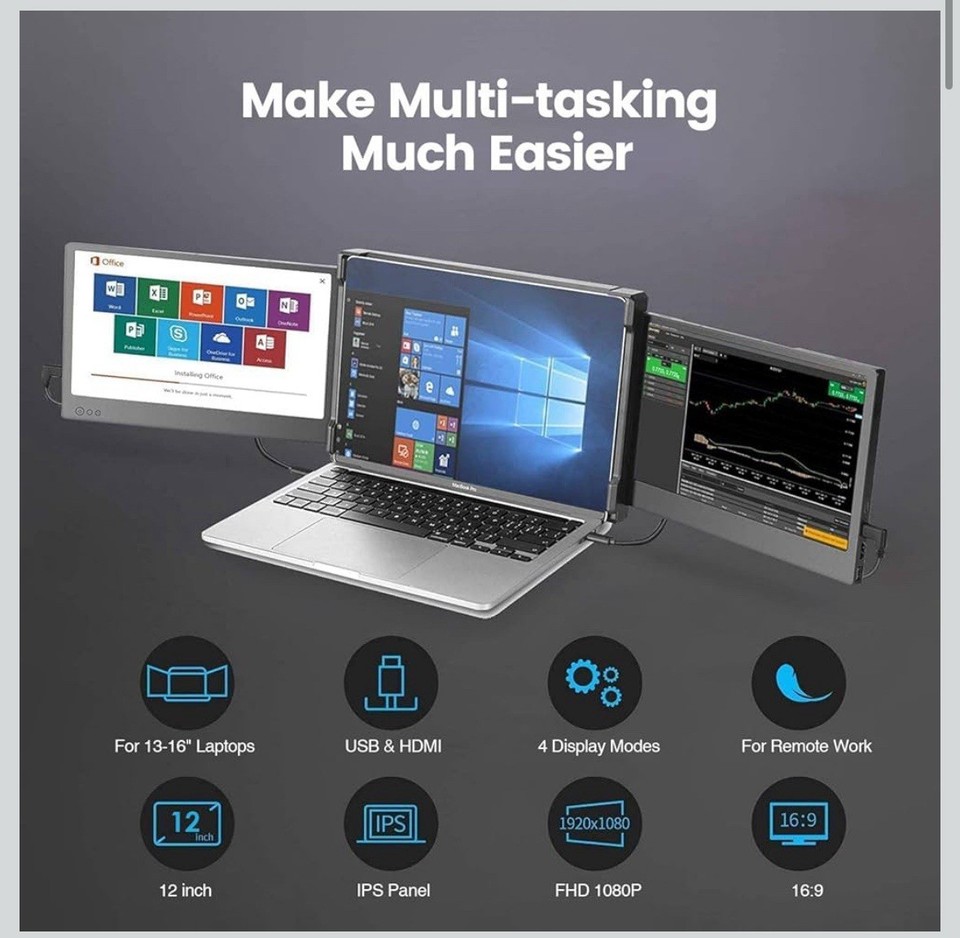 12" Laptop Screen Extender, Dual Display Triple Setup, Portable Monitor ...
