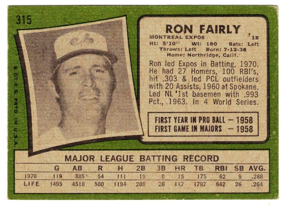 Ron Fairly 1971 Topps #315 Montreal Expos (ex-) C | eBay