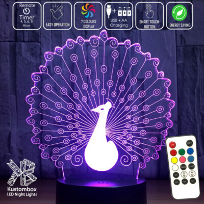 PEACOCK FEATHER BIRD 3D LED Night Light Colour Change Feature Lamp ...
