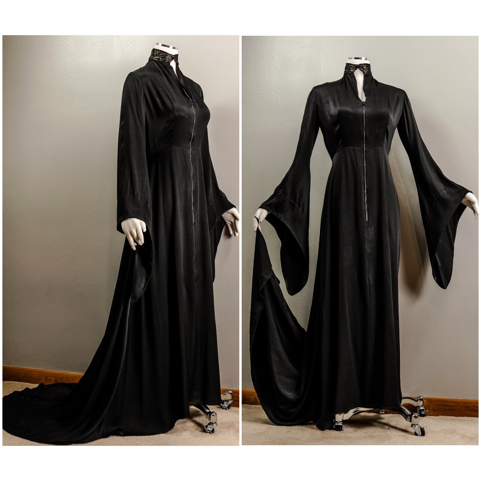 Killer 30s/40s Black Satin Vampy Dressing Gown, Drama… - Gem