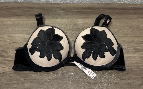 Victoria’s Secret Floral Appliqué Push Up Bra Black Velvet Flower 34B ...
